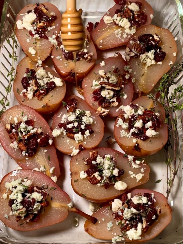 Poached Pears Stuffed with Toasted Pecans, Blue Cheese and Cranberries ...